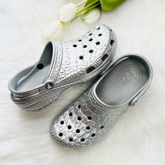 CROCS | Shoes | Crocs Silver Croc Print Clogs | Poshmark